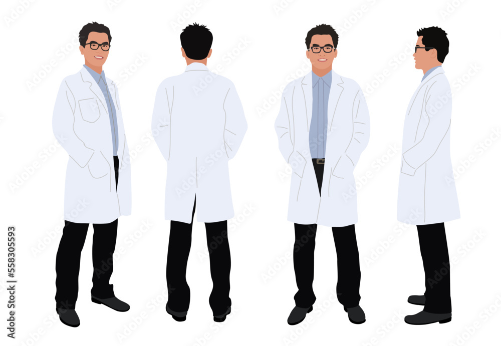 Male doctor character in different poses - front, side, back view full ...