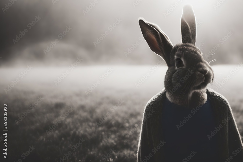 An image in black and white showed a man wearing a bunny head standing ...