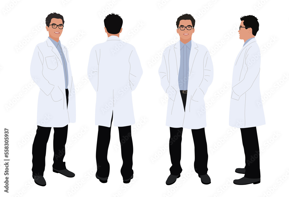 Male doctor character front, side, back view full length. Asian ...