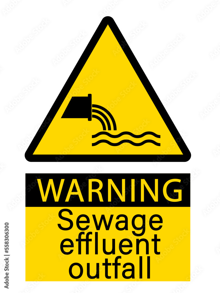 Warning, sewage treatment outfall. Yellow triangle warning sign with ...