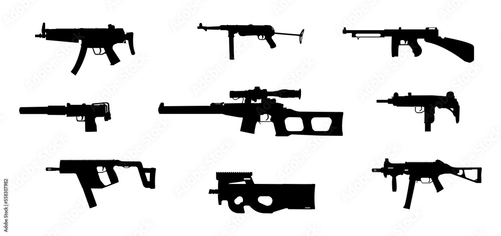 Set of SMG weapon silhouettes of guns Stock Vector | Adobe Stock