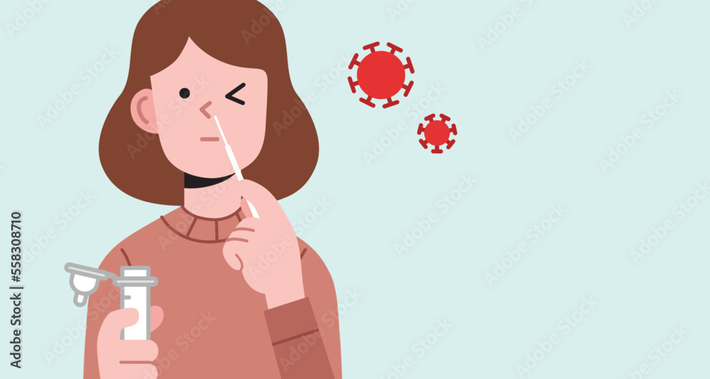 Woman from front view self-testing with a nasal swab. Covid-19 or ...