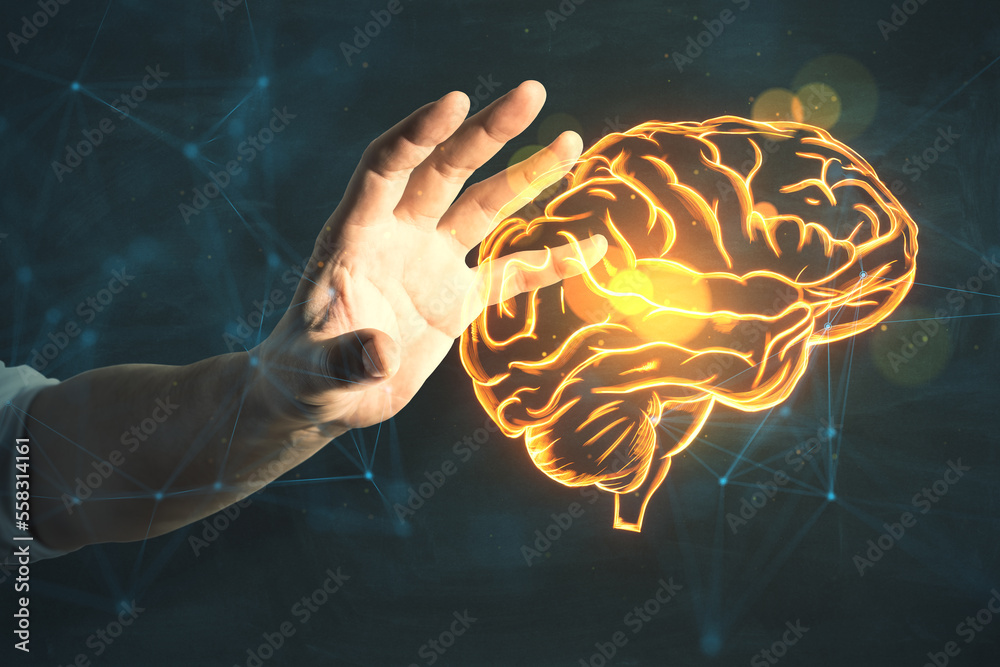 Neural network and brainstorm think idea concept with man hand trying ...