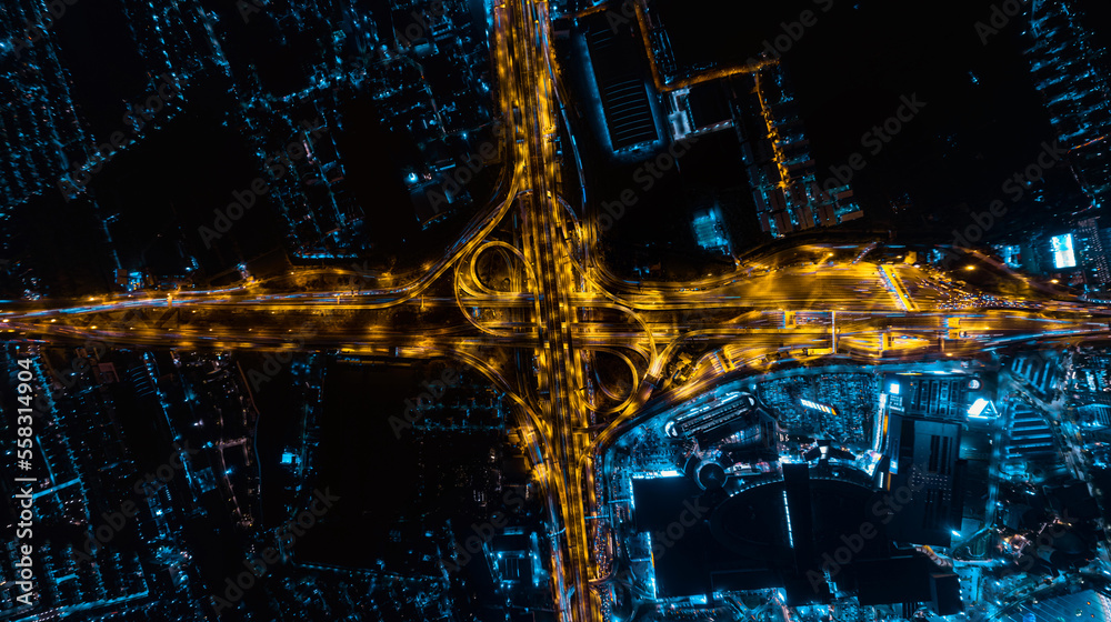 Aerial top view of Modern Multilevel Motorway Junction with Toll ...