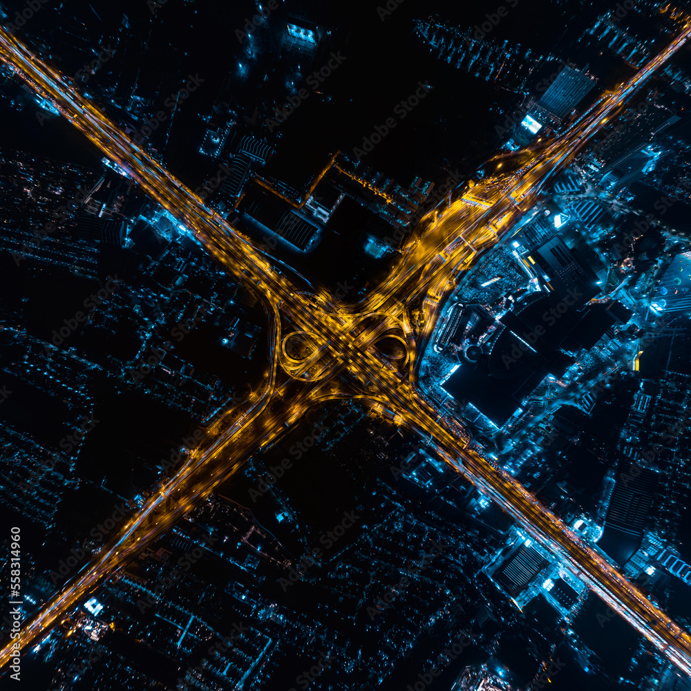 Aerial top view of Modern Multilevel Motorway Junction with Toll ...