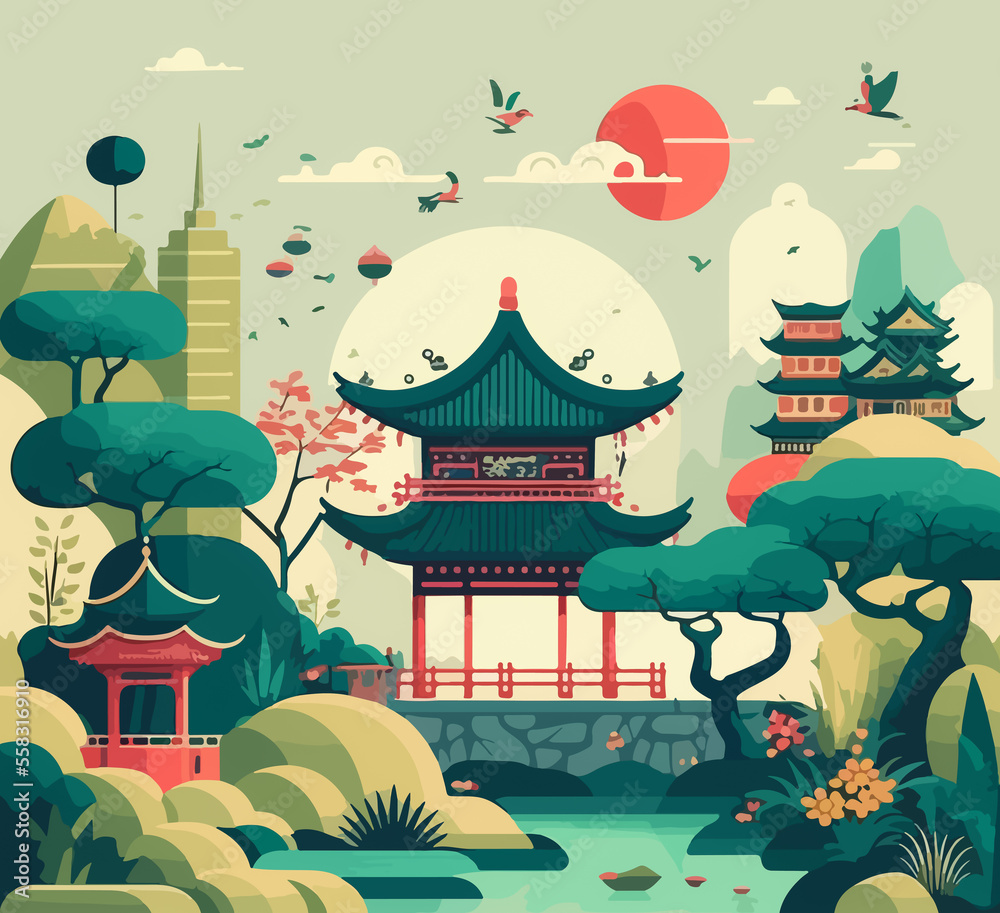 Flat colored design of Chinese background cartoon Stock Illustration ...