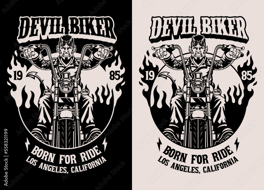 Black And White T-shirt Design of Devil Motorcycle Rider Stock Vector ...