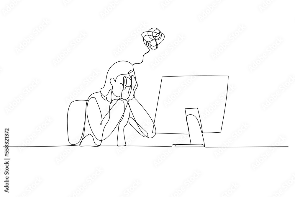 Drawing of businesswoman depressed suffered in workplace. One ...