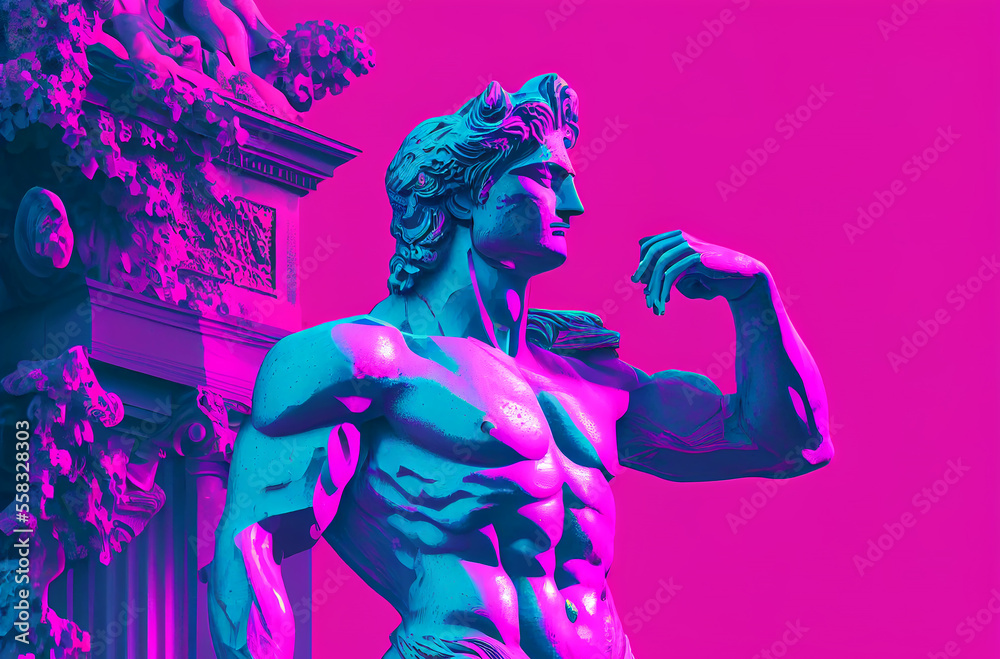 Greek god sculpture in retrowave city pop design, vaporwave style ...