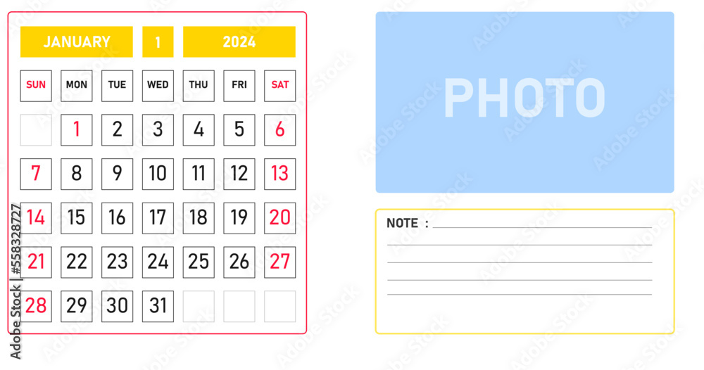 January calendar for year 2024. Monthly Weekly Schedule New Year ...