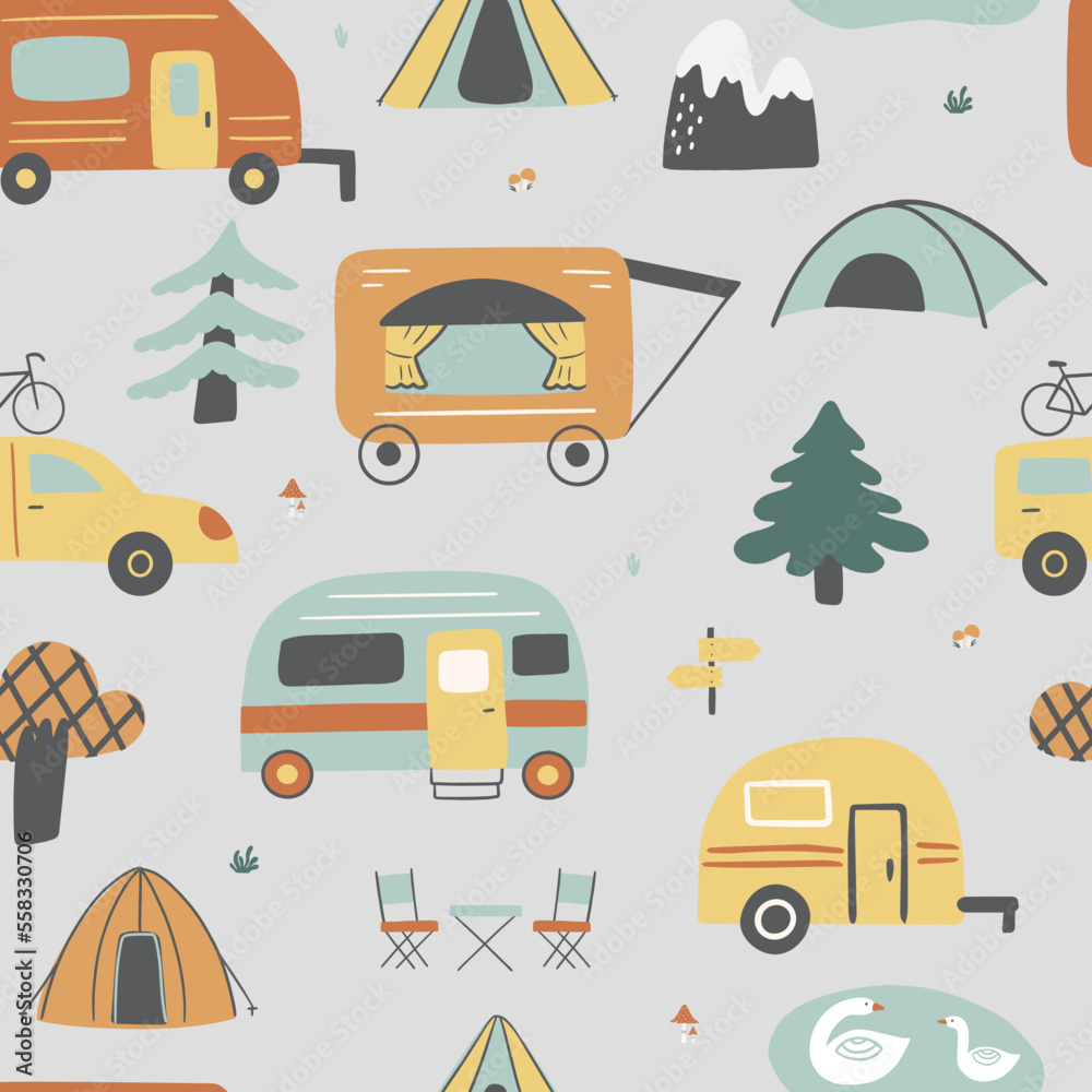 Camping seamless pattern with motorhome, camper, tent, forest, trees ...