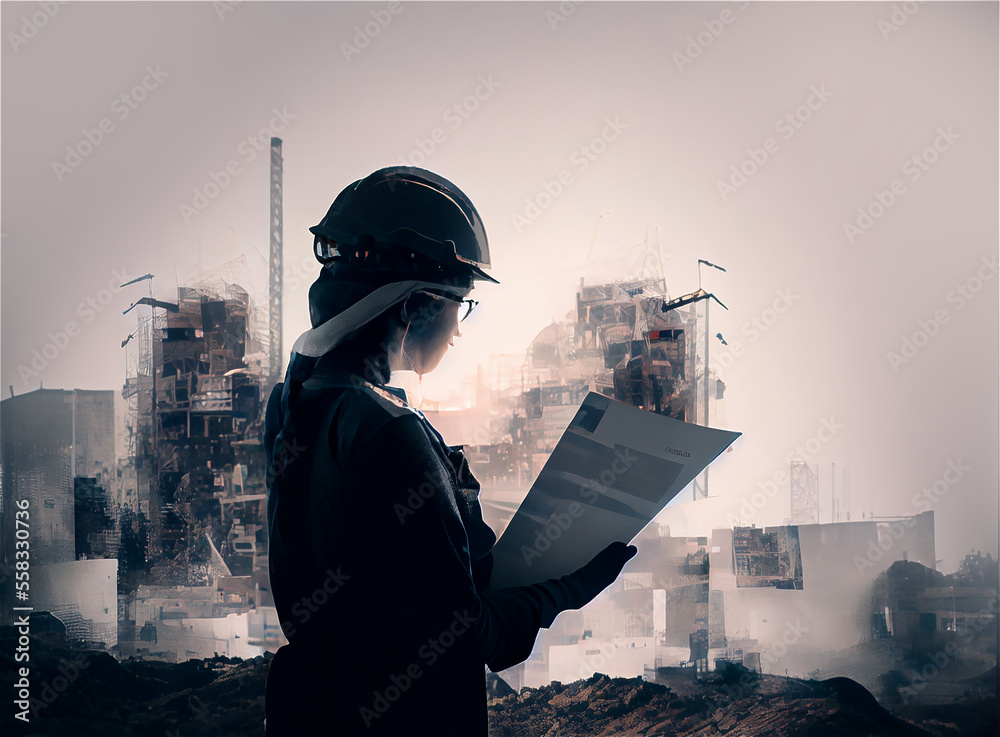 Construction related background with a woman with a helmet, buildings ...