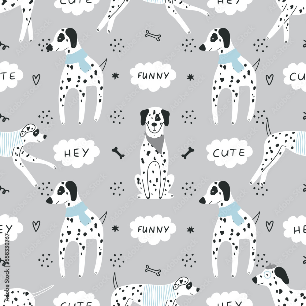 Dalmatians seamless pattern in a hand-drawn style. Vector background ...