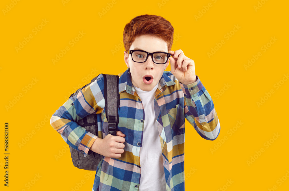 Wow, look at that. Portrait of surprised school child. Ginger student ...