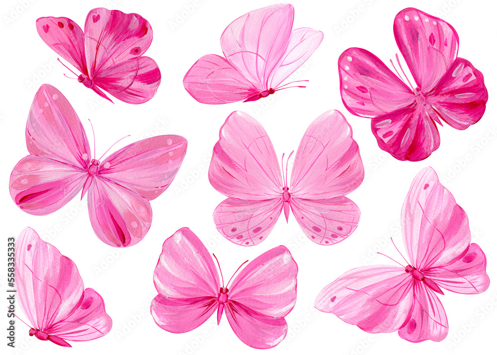 Bright pink butterflies set on isolated white background, acrylic ...