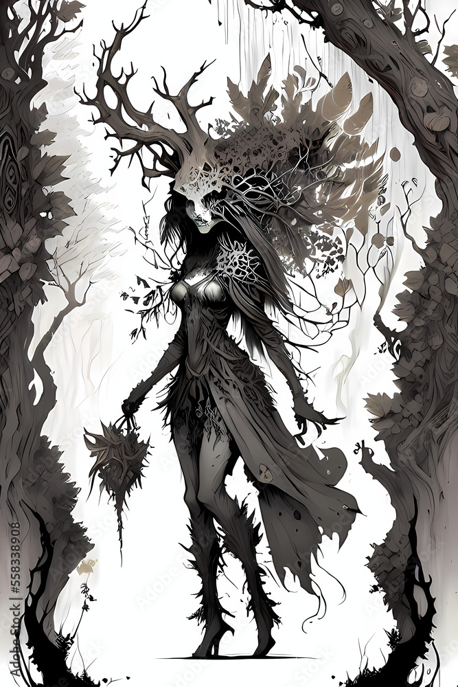 A fantasy board game card/colouring book page: Forest spirit. Half woman and half tree Spells ...