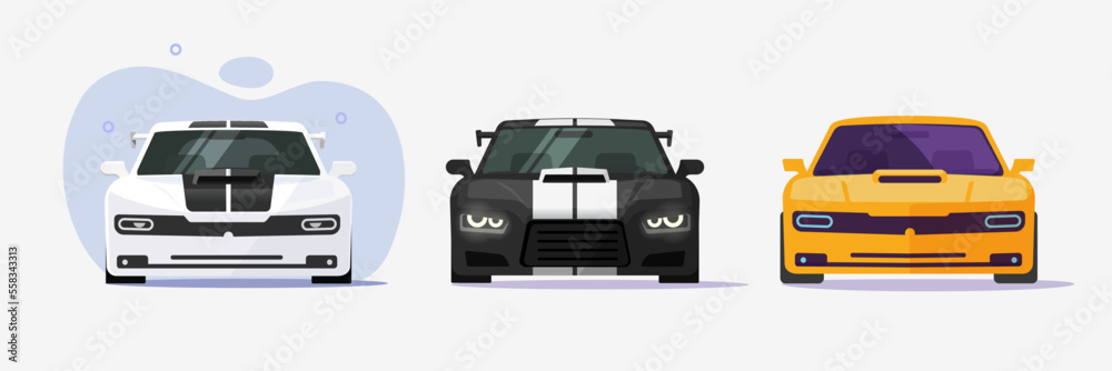 Sport car icon front view vector set or auto race vehicle white black ...