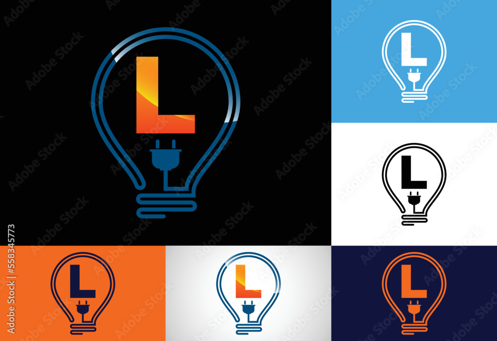 Initial alphabet L with an electric bulb. Electric bulb logo vector ...