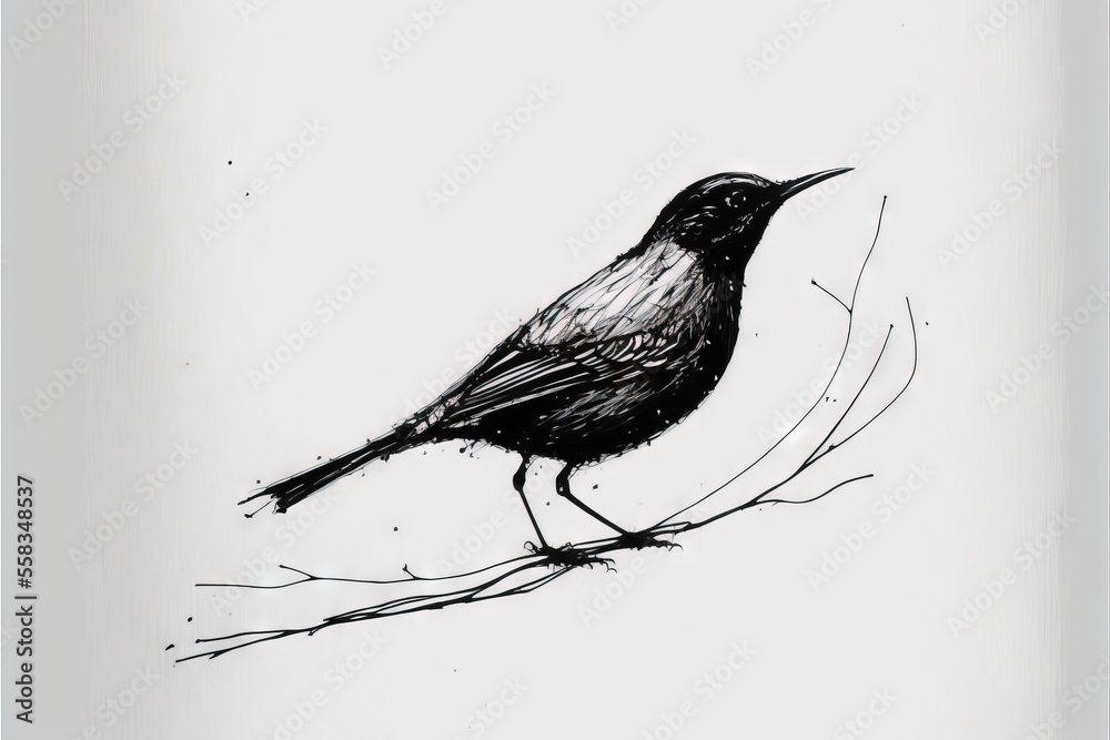a drawing of a black bird sitting on a branch with its beak open and ...