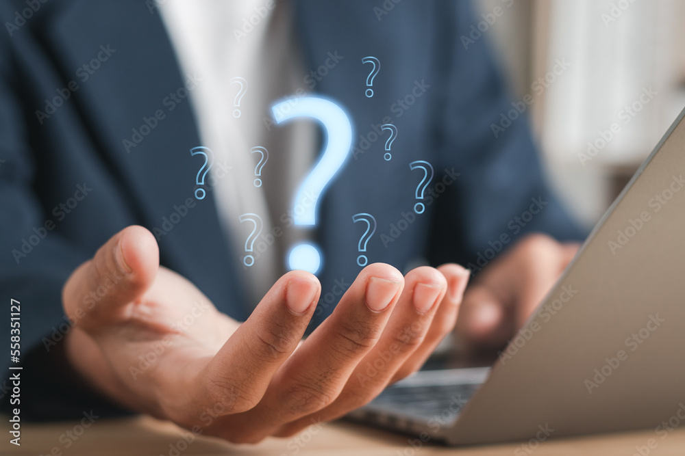 Question mark concept. FAQ, ask question online. Businessman with ...
