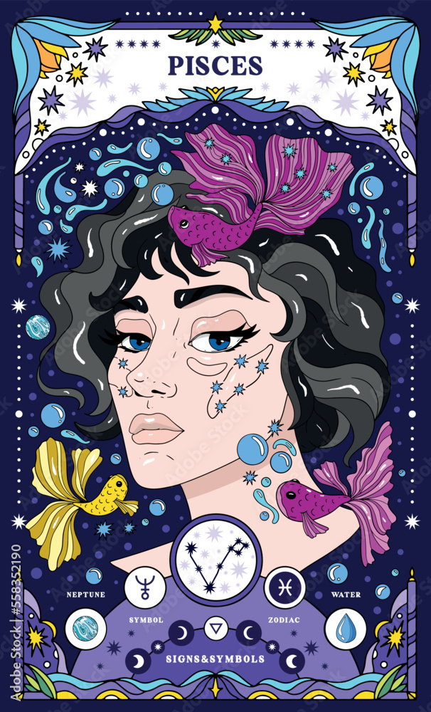 Pisces sign of the zodiac. Modern magical astrological map. Magical ...