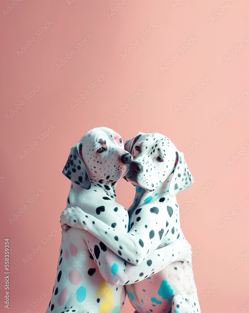 A cute, little two dogs hug each other, a symbol of love. Pastel ...