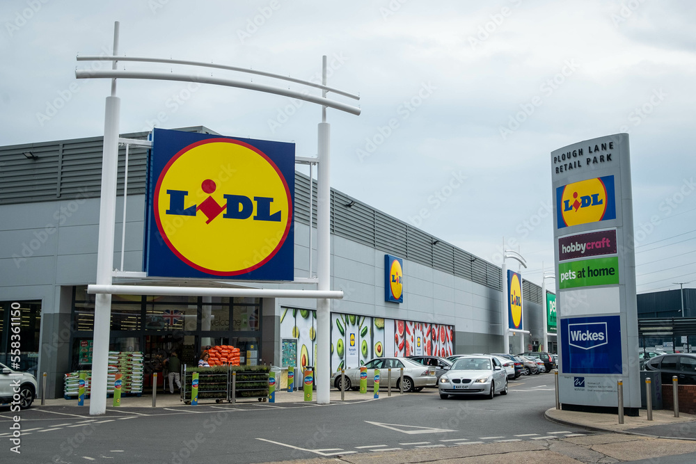 London- September 2022: Lidl supermarket on Plough Lane retail park ...