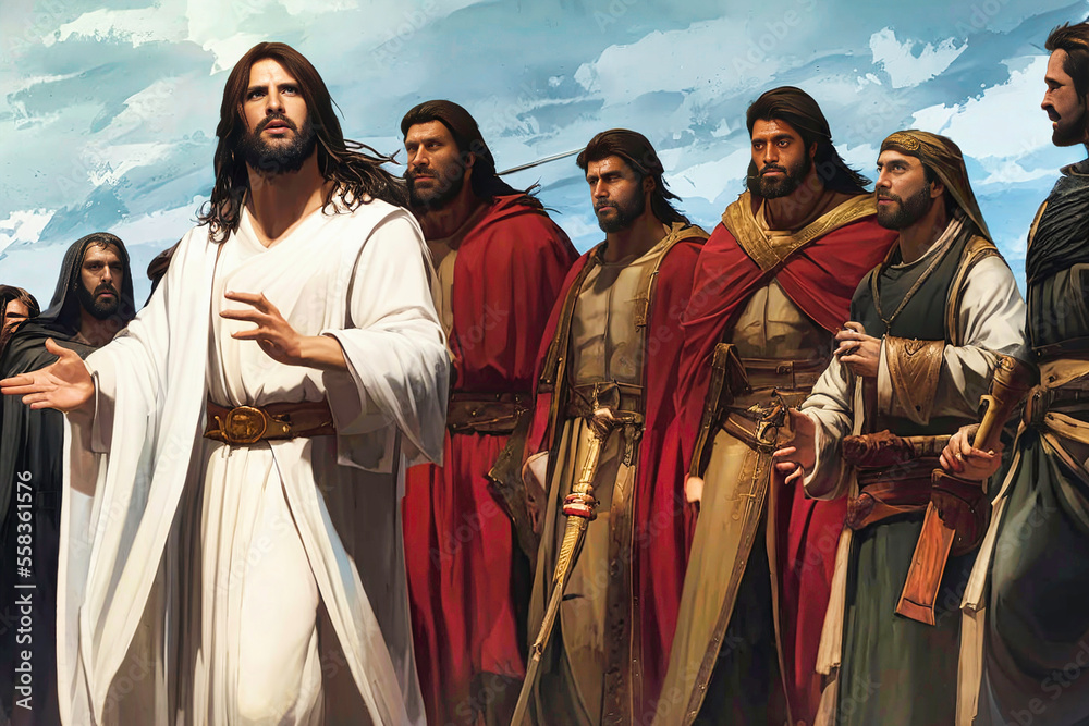 illustrational view of Jesus christ in white clothes staying in front ...