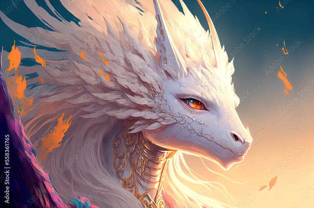 White dragon. Mythology creature. Dark fantasy illustration. Generative AI. Stock Illustration ...