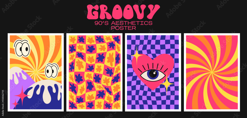 90s groovy posters. Cartoon psychedelic style. Bright hippie characters ...