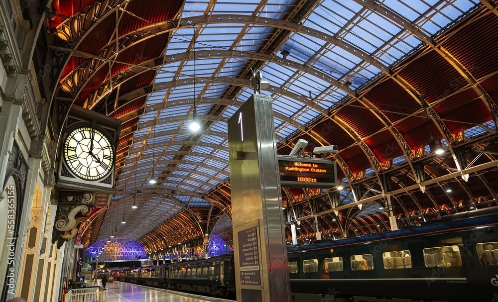 Paddington railway train station in London. Close up view with the ...