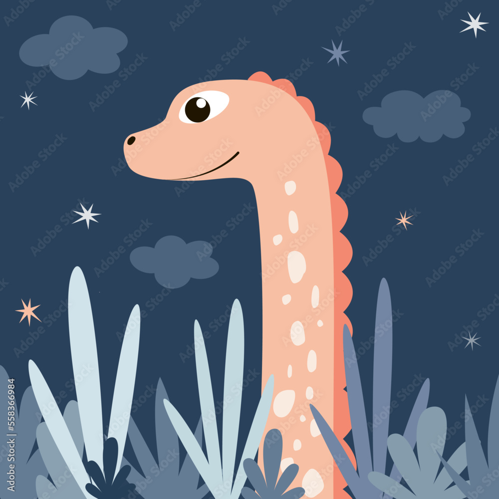 Vector children's drawing with a dinosaur, grass, clouds and stars on a ...
