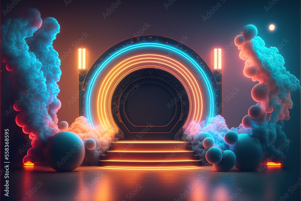 Fictional neon stage with smoke background. generative ai Stock ...