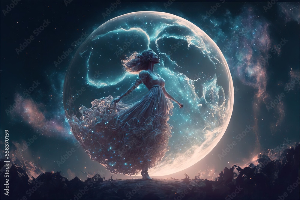 4K resolution or higher, a female spirit dancing in the sky, full moon ...