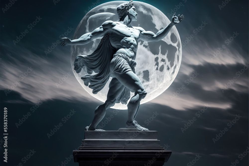 4K resolution or higher, a greek god dancing in the sky, full moon ...