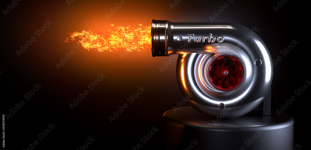 Turbocharger with a fire on dark background with red spin 3D rendering ...