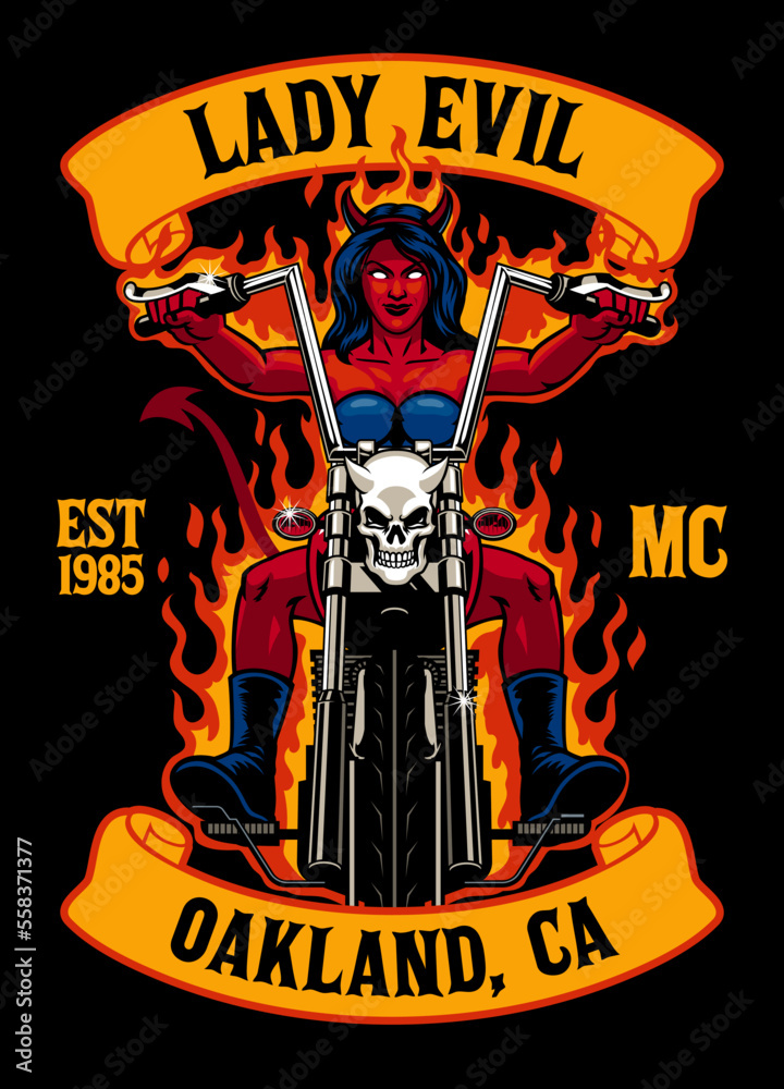 Vintage T-shirt Design of Lady Evil Mascot Biker Stock Vector | Adobe Stock