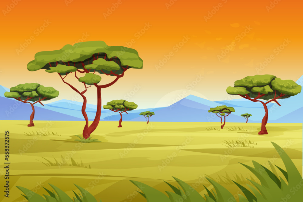 Africa Savannah landscape, safari with grass, trees, mountains, summer ...