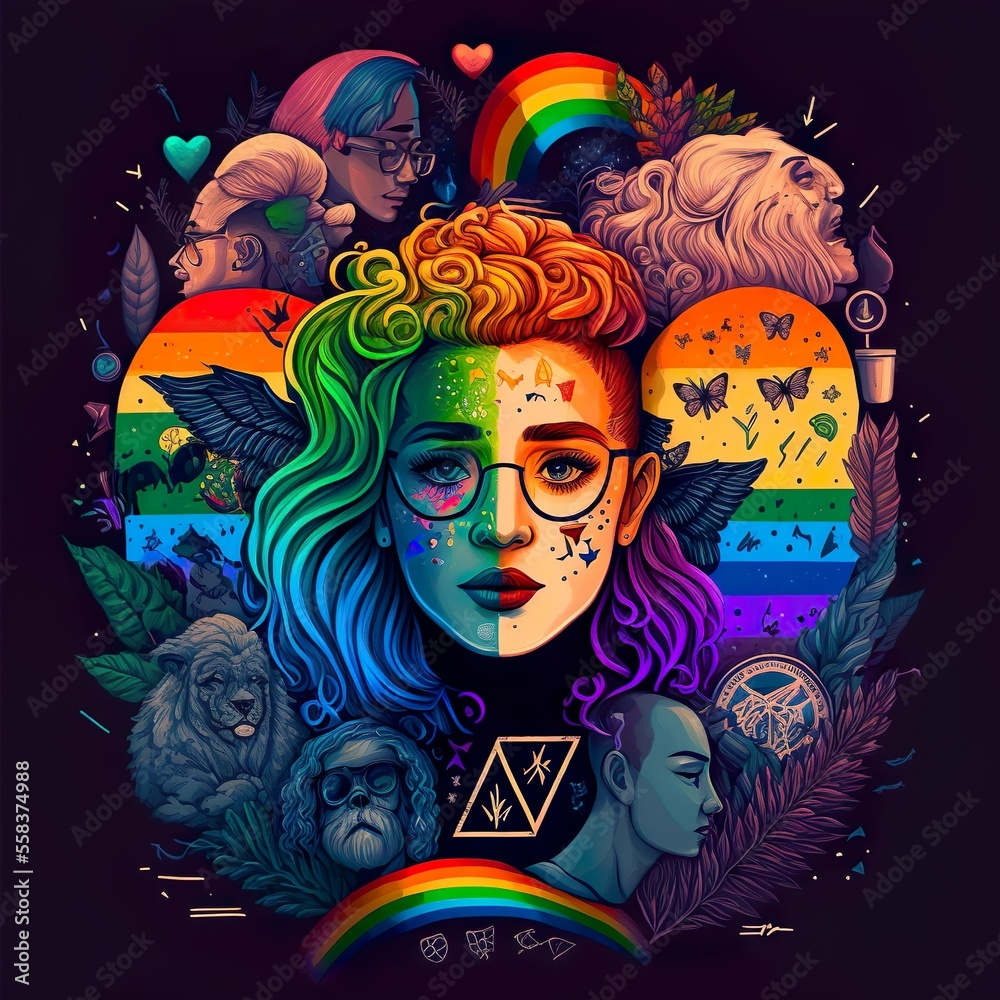 A bold and powerful illustration of LGBTQIA+ symbols, the faces Stock ...