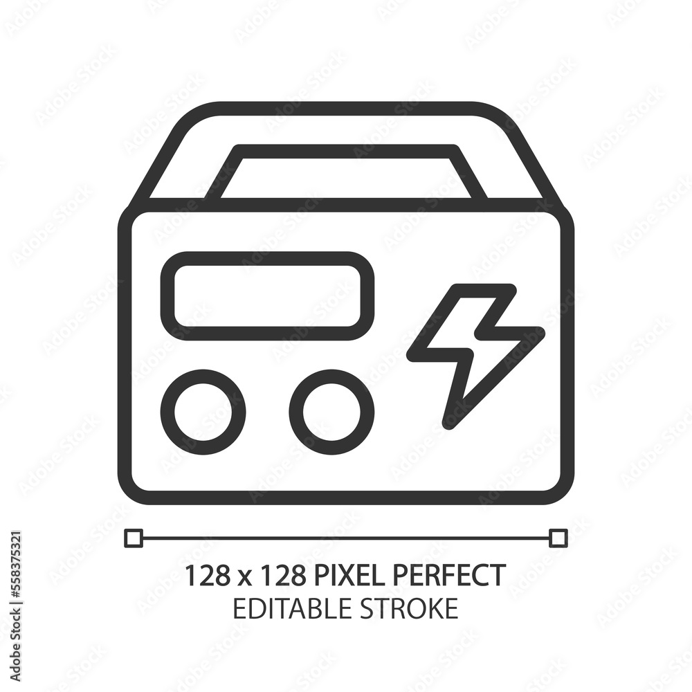 Portable power station pixel perfect linear icon. Rechargeable device ...