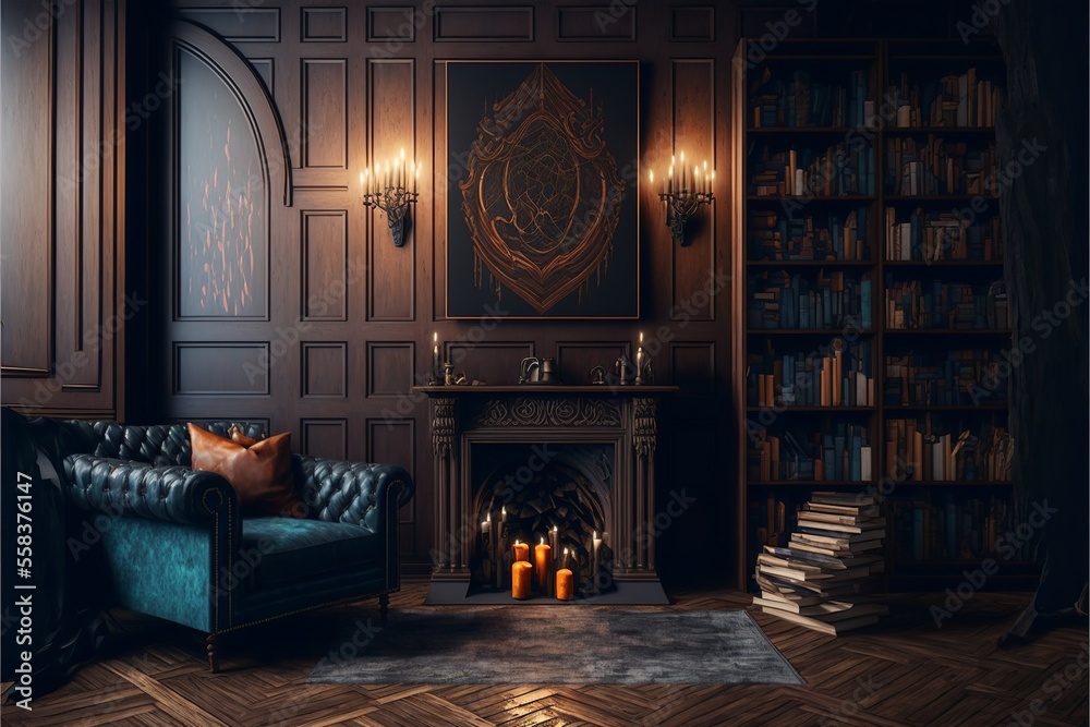 Medieval style fantasy home living room interior with wooden flooring ...