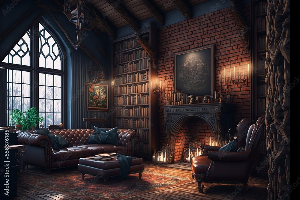 Medieval style fantasy home living room interior with bookshelves Stock ...
