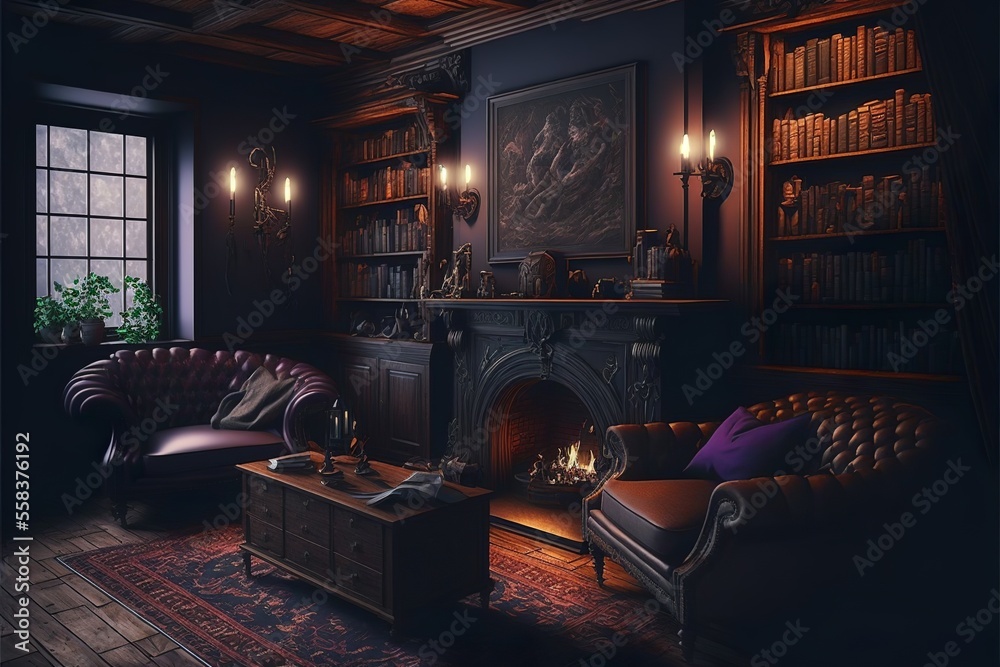 Medieval style fantasy home living room interior with old fireplace and ...