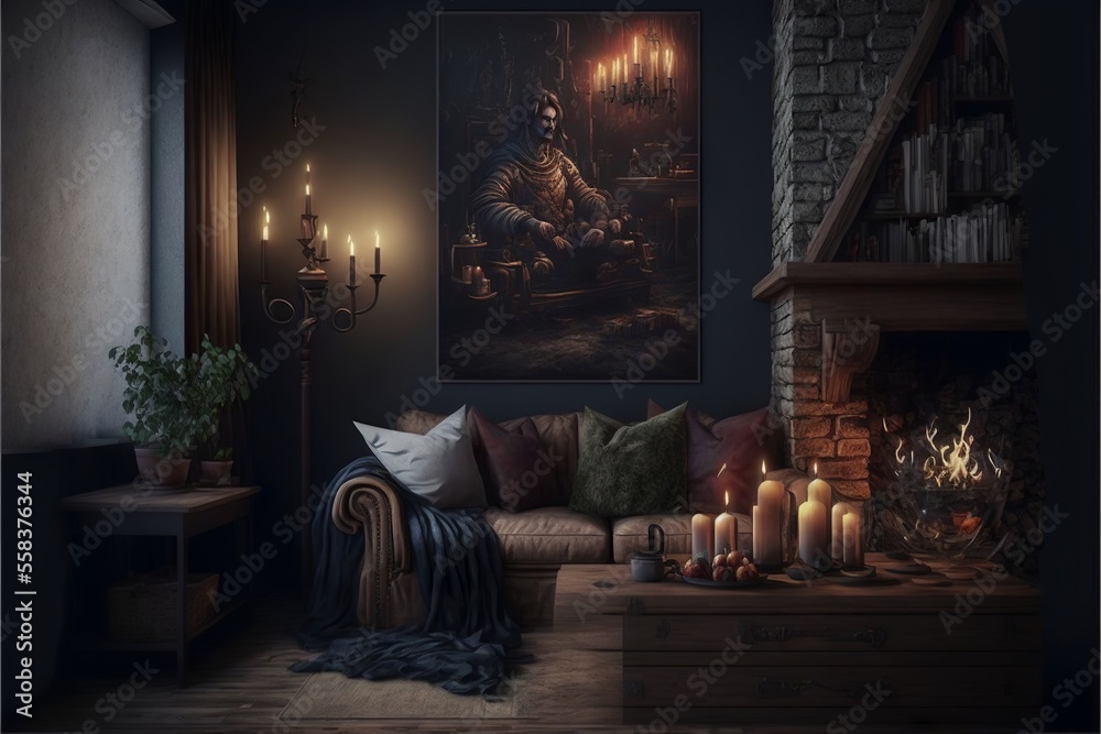 Medieval style fantasy home living room interior with huge knight ...