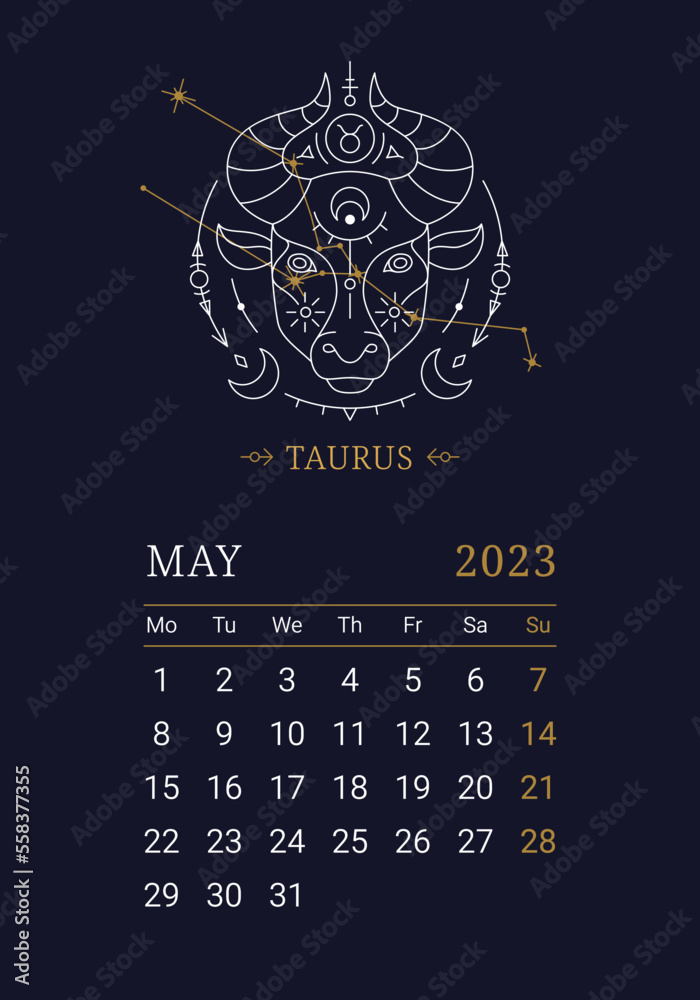 2023 Astrology wall monthly calendar with Taurus zodiac sign. Vertical ...