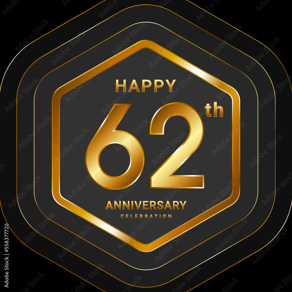 Vetor de 62th Anniversary. Golden Anniversary Logo Design With Hexagon ...