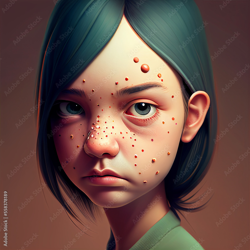 Cartoon girl with pimples on her face or traces of smallpox.. Stock ...