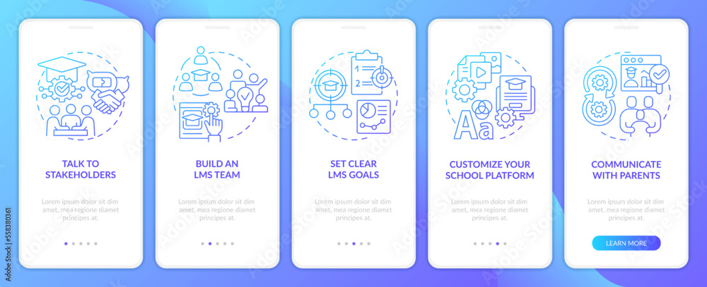 Launching school LMS blue gradient onboarding mobile app screen. Walkthrough 5 steps graphic ...