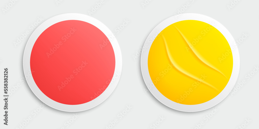 Sticker blank, red and yellow adhesive mock up. Round curved sticky ...