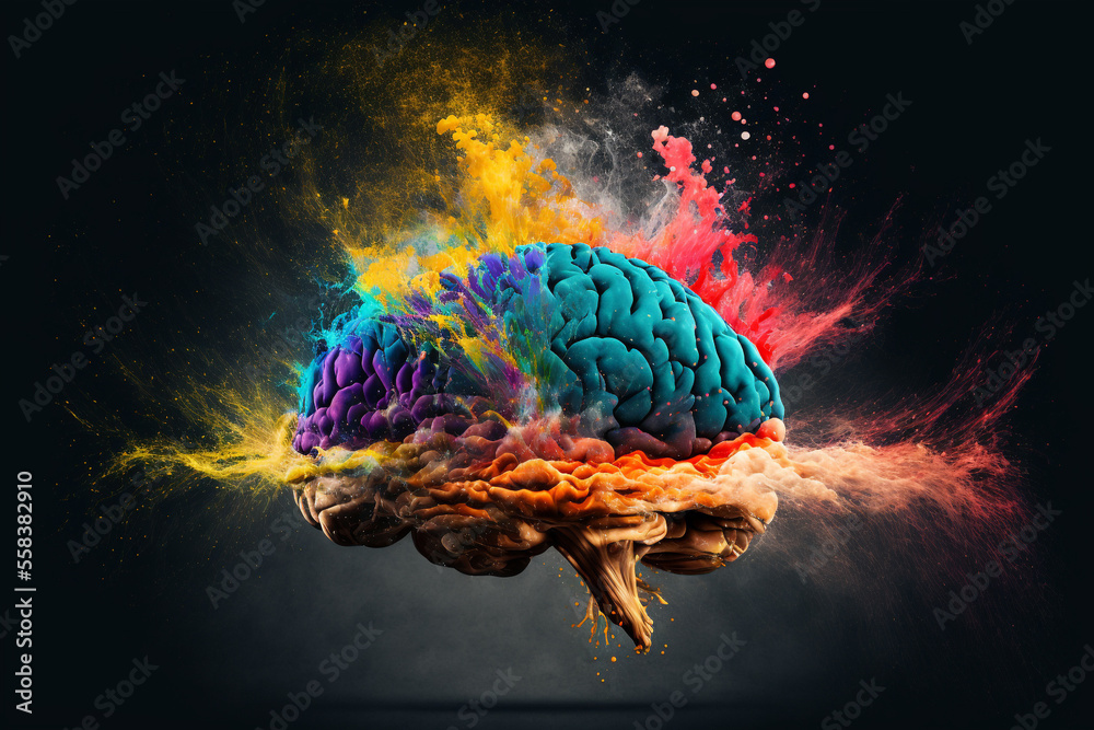 Human brain exploding with full colors. Creativity and new idea concept ...
